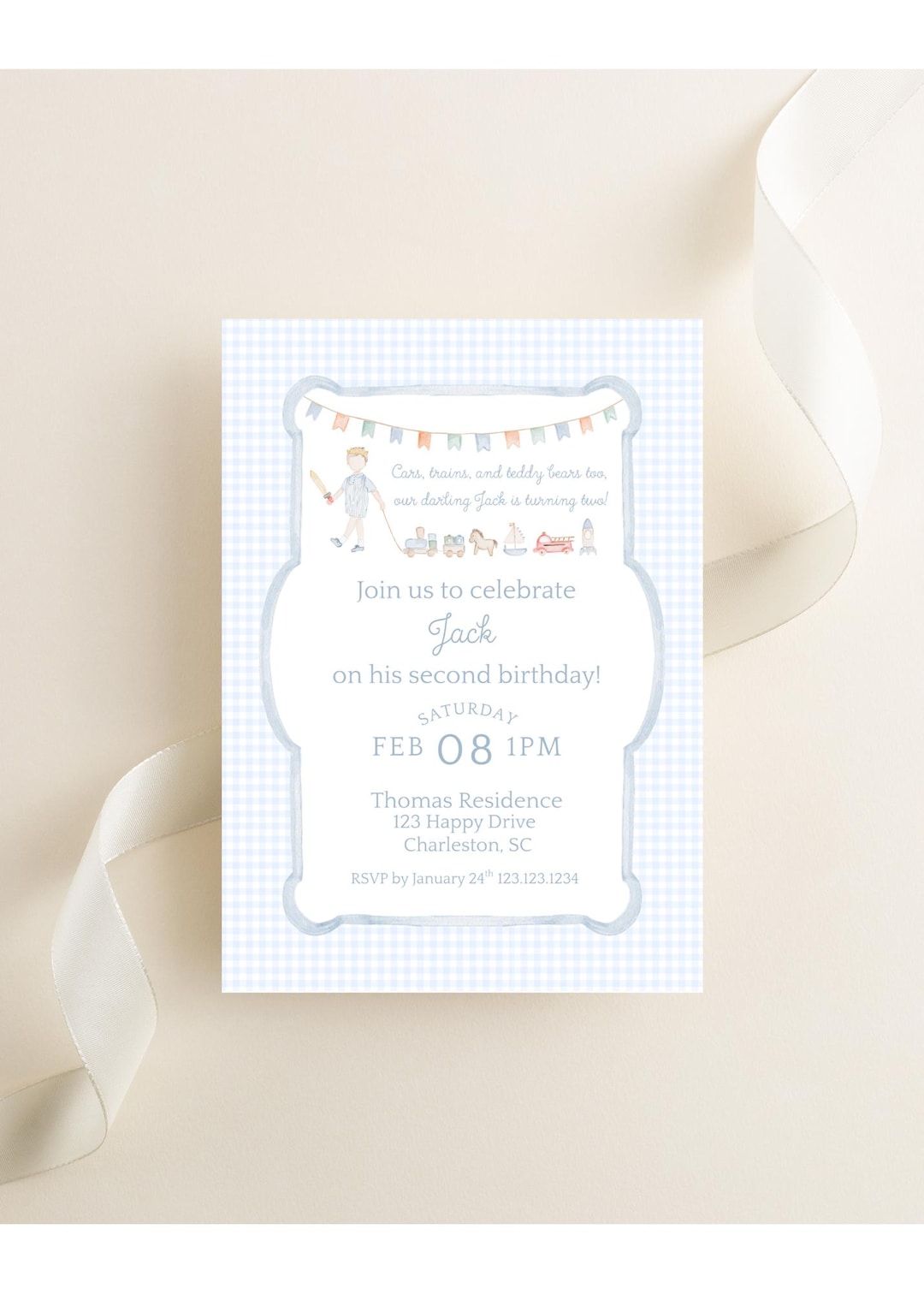 Grandmillennial Watercolor Toy Birthday Boy Party Invitation L Cars ...