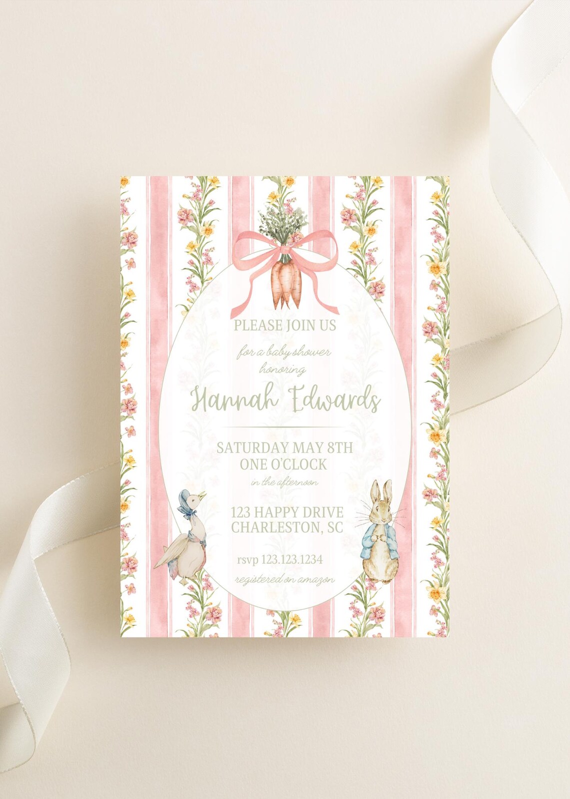 Pink Floral Striped Peter Rabbit Invitation L Baby Shower L Birthday L ...