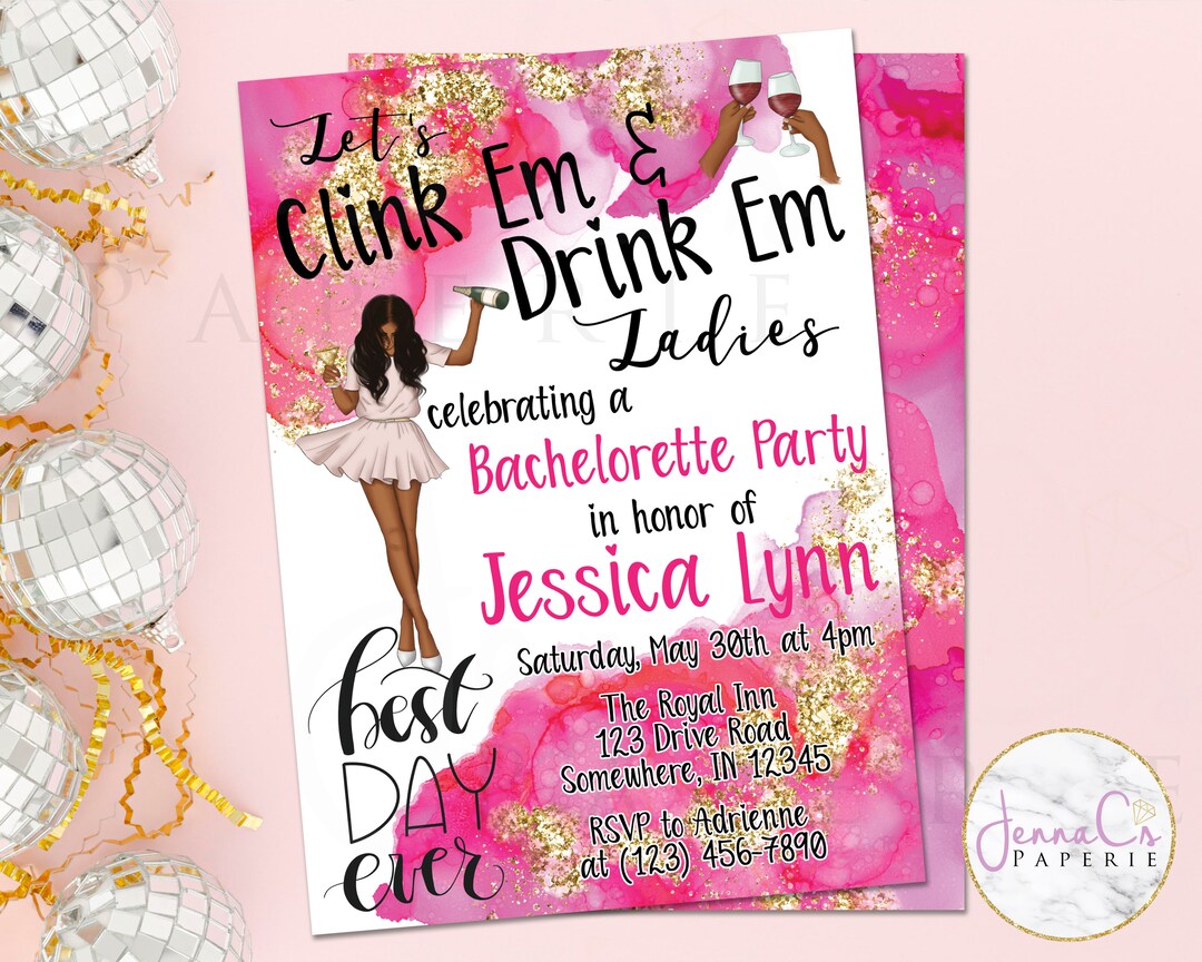 Hot Pink Bachelorette Party Printable Invitation, Clink and Drink Gold ...