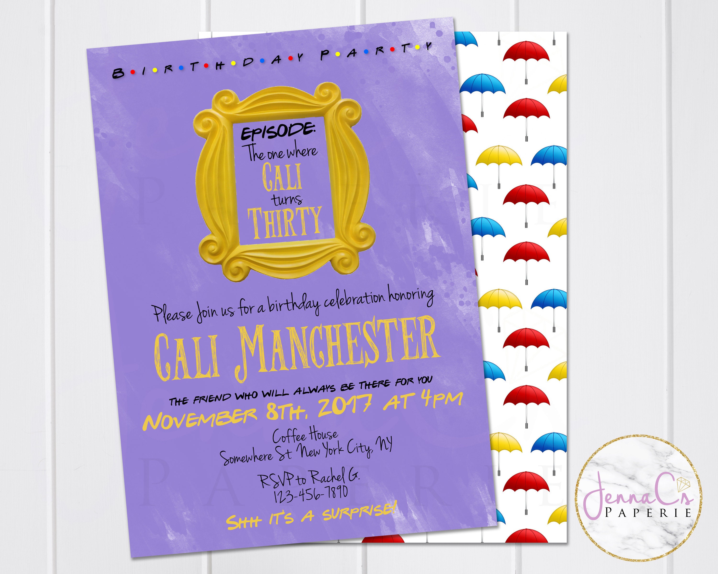 Friends Birthday Invitation, Yellow Frame, Purple Door, Free Back, Blue ...