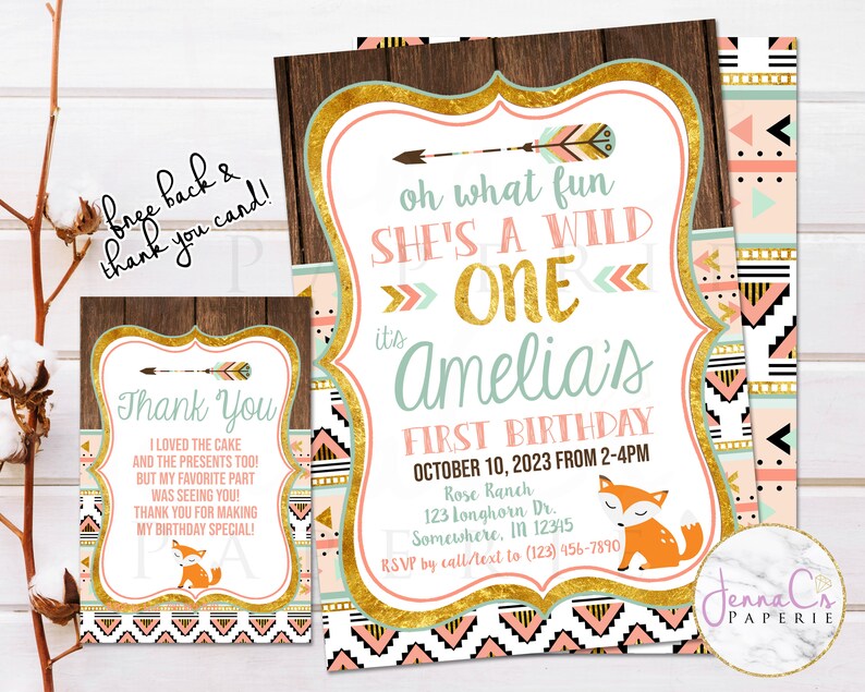 Wild One Birthday Invitations, Fox Theme Party Invites, Aztec Tribal ...