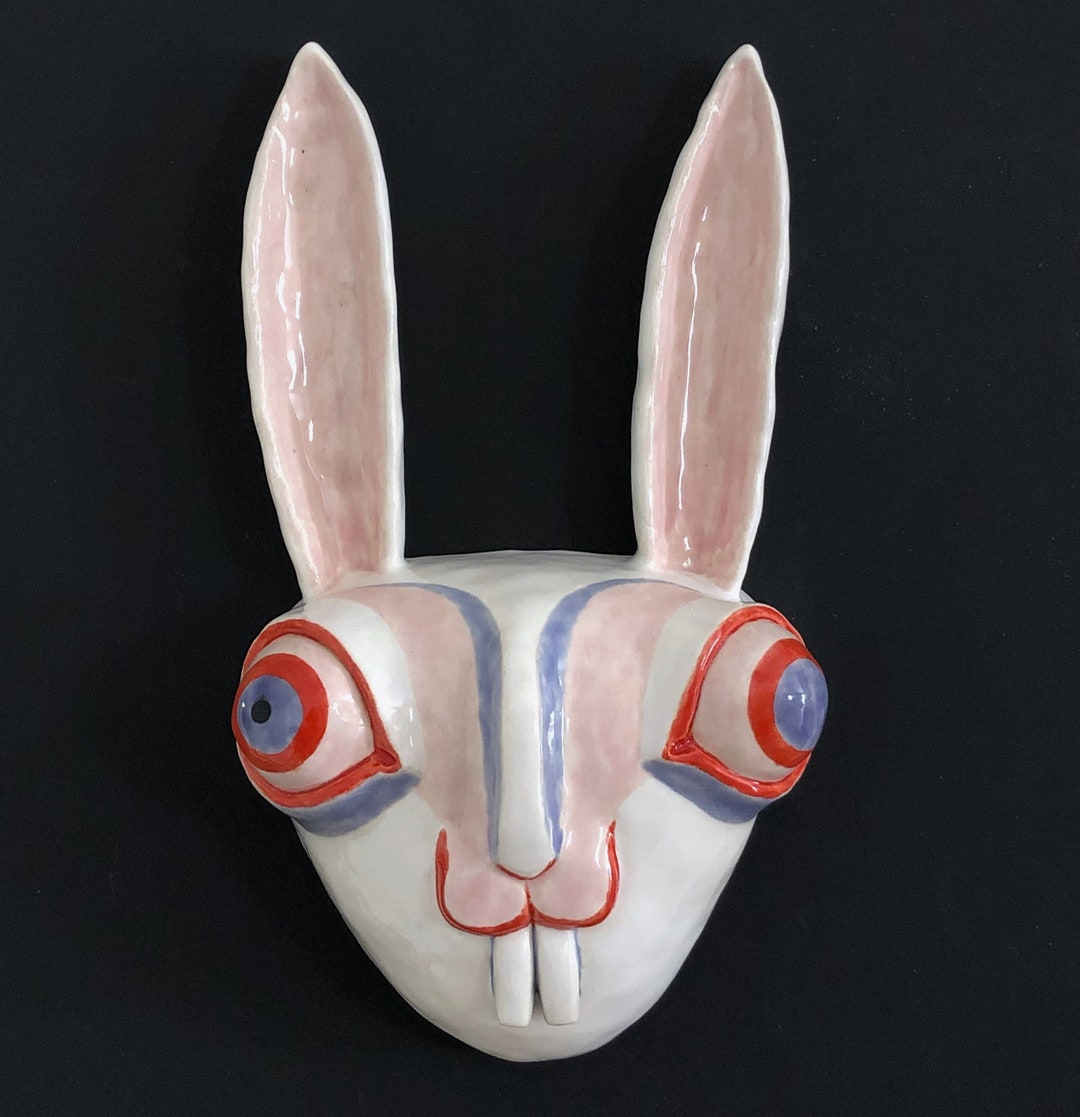 Bug-eyed Bunny Ceramic Wall Plaque Scary White Rabbit Killer Bunny ...
