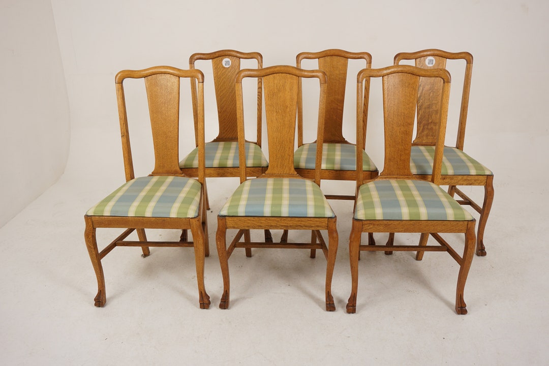 Set of 6 Tiger Oak T Back Dining Chairs, Lift Out Upholstered Seat ...