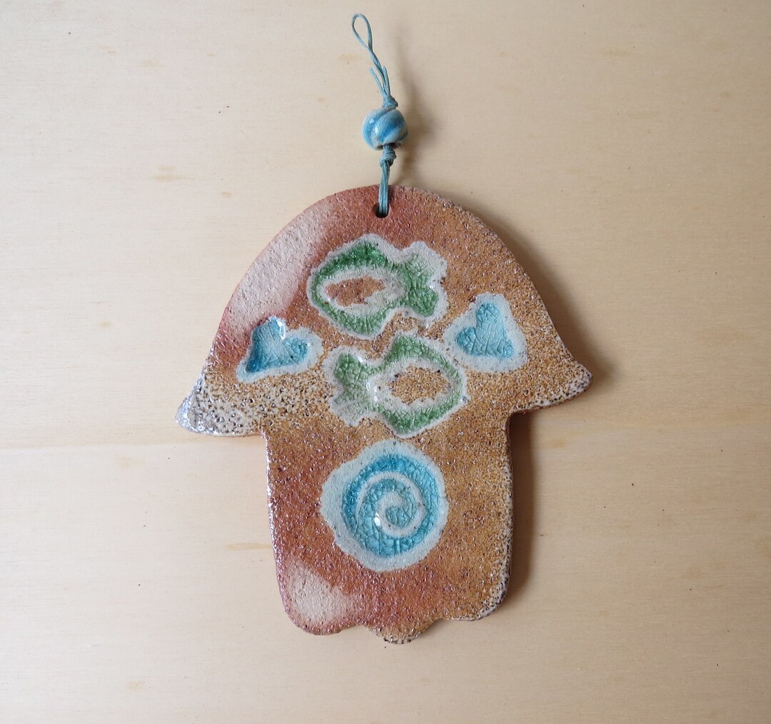 Ceramic Hamsa Hand Amulet Wall Art, Wood Soda Fired Pottery ...