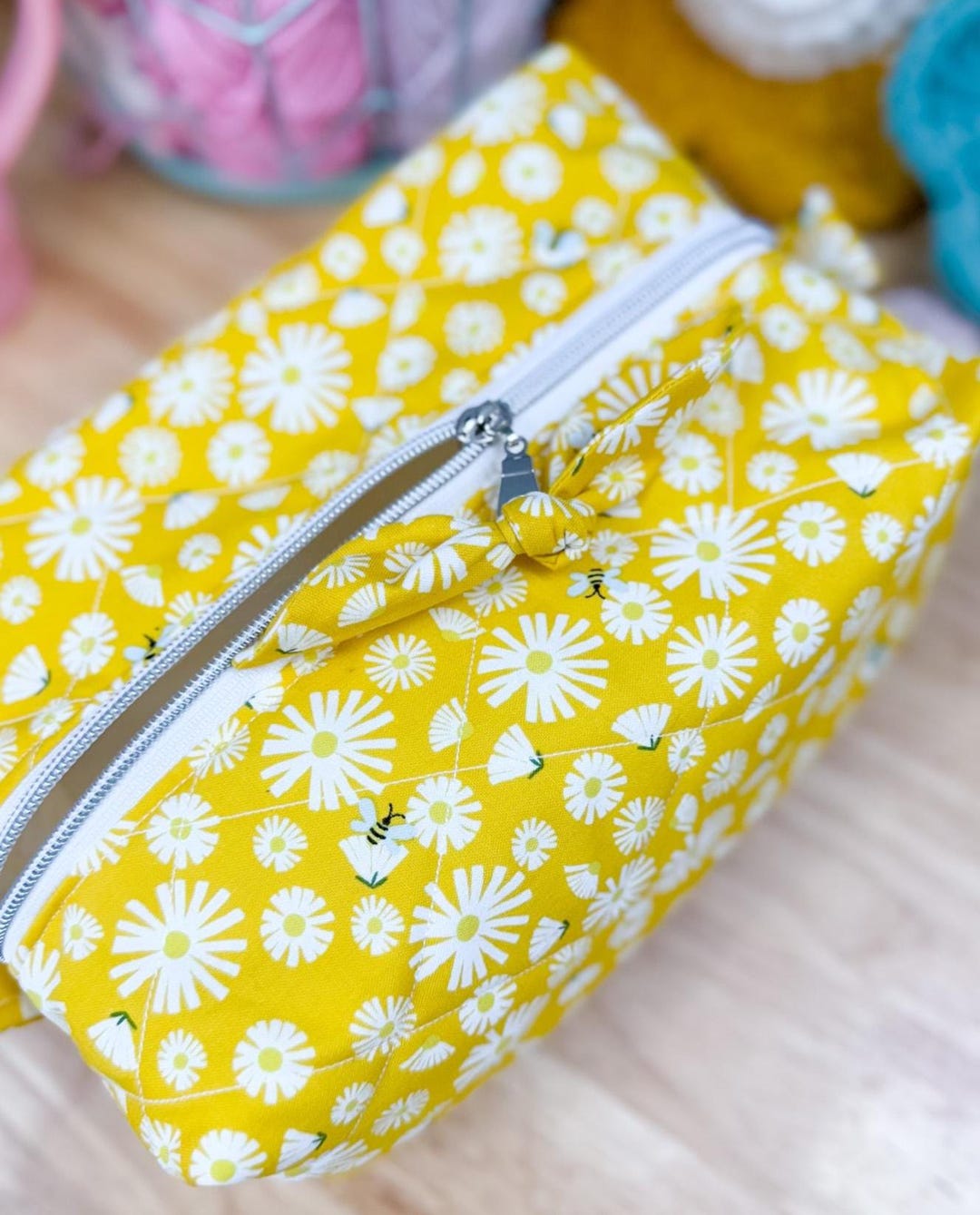 Yellow Bee Makeup Bag, Bag With Bow, Large Quilted Boxy Bag, Oversized ...