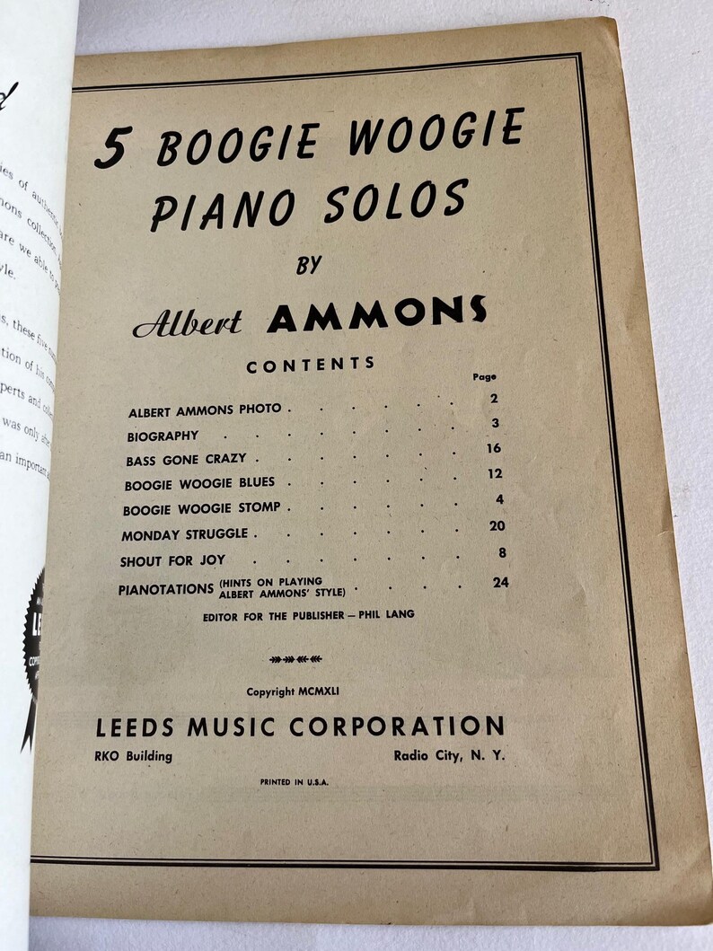 ALBERT AMMONS ~ 5 Boogie Woogie Piano Solos, 1941, Vintage Sheet Music ...
