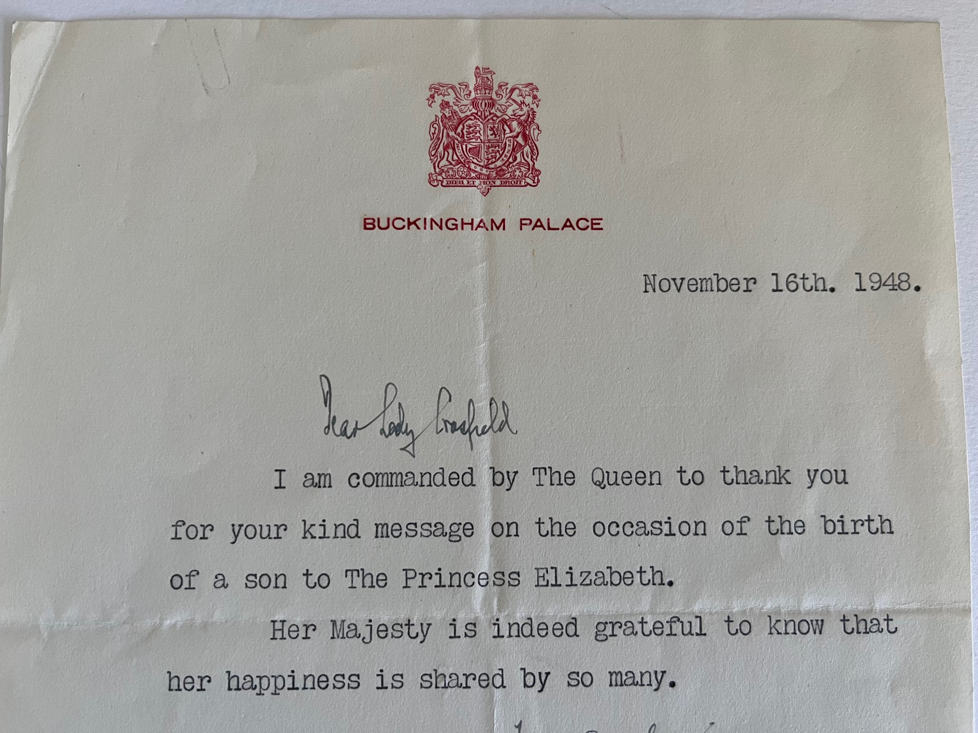 1948 BUCKINGHAM PALACE Original Signed Letter Birth of Prince CHARLES ...