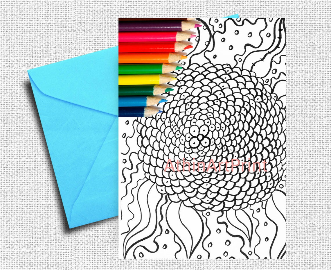 Sunflower Coloring Card for Adults & Kids | Printable, Hand-painted ...