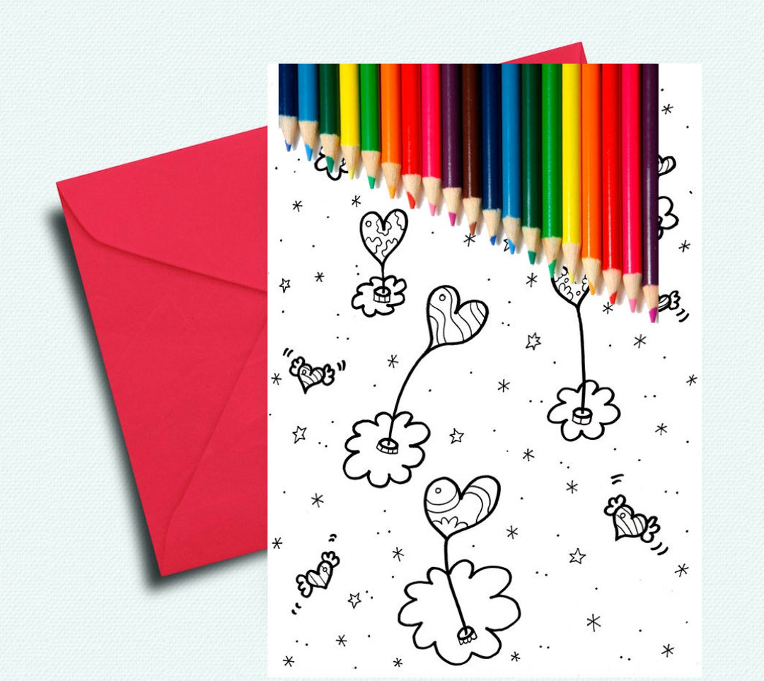 Valentine's Day Coloring Card, Hearts, Clouds, Love Card, Printable ...