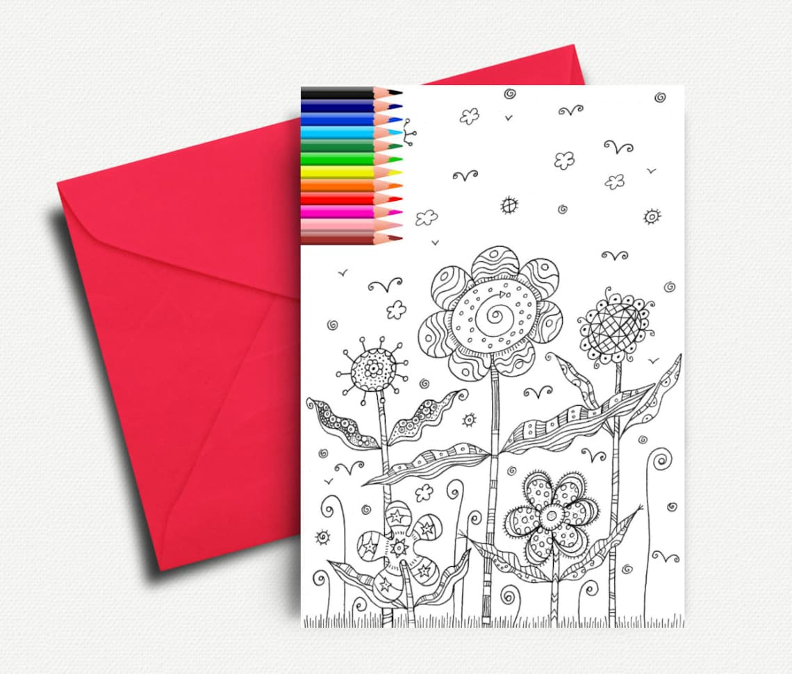 Flowers in Bloom Coloring Card, Adult Coloring Cards, Printable Card ...