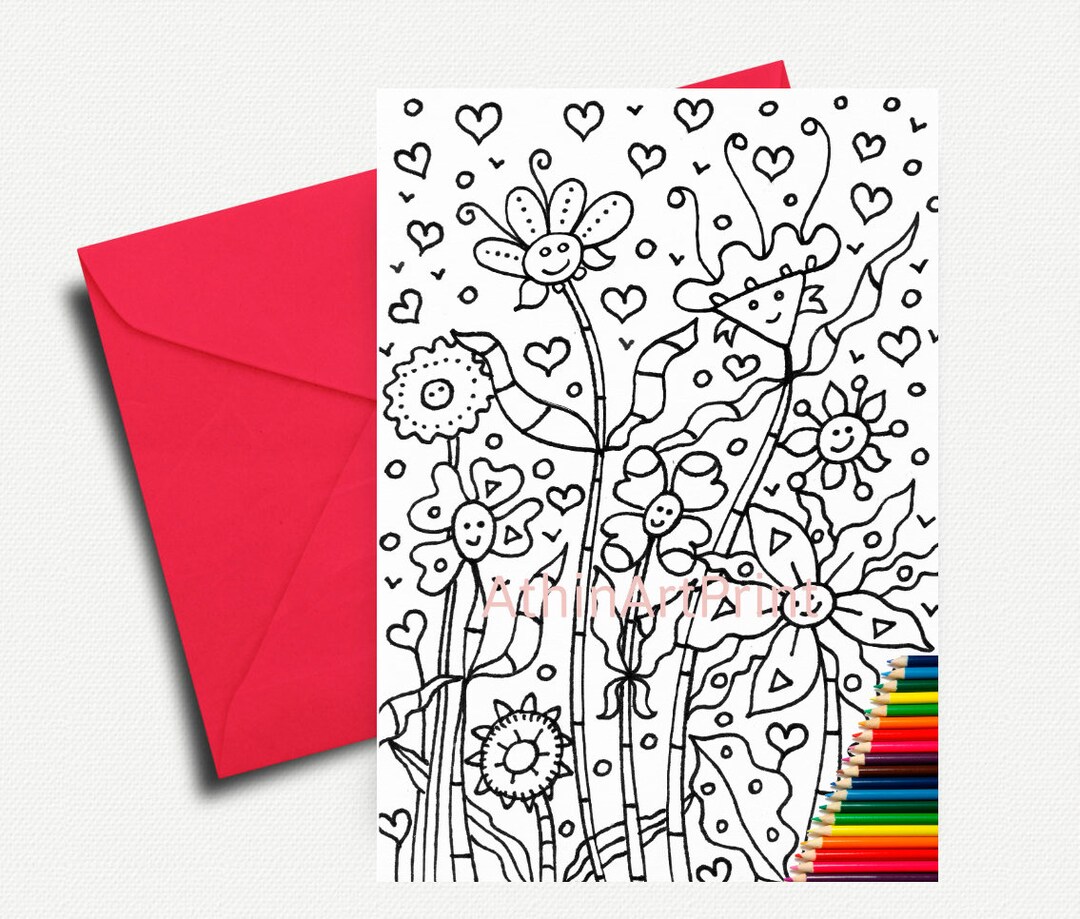 Happy Flowers Coloring Card for Adults & Kids | Digital Printable ...