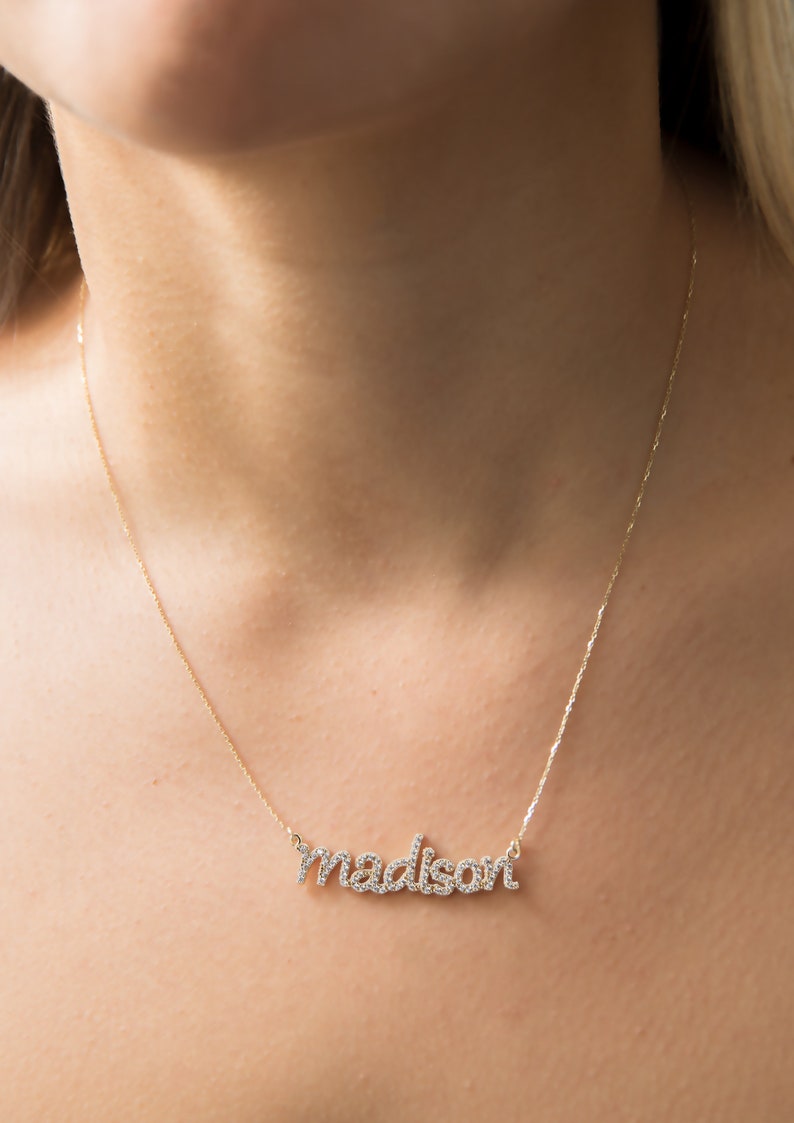 14k Solid Gold Personalized Name Necklace Diamond Custom Etsy