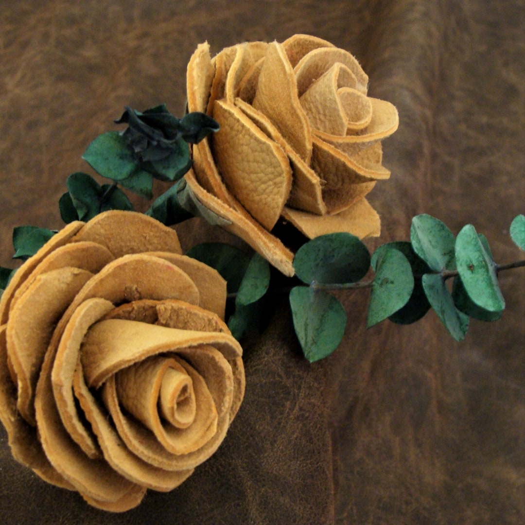 Two Long Stem 18 Buckskin Leather Roses, Designer Dagostino, Hand ...