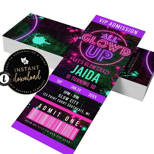 All Glow'd up Glow Party Birthday Ticket Invitation Glow - Etsy
