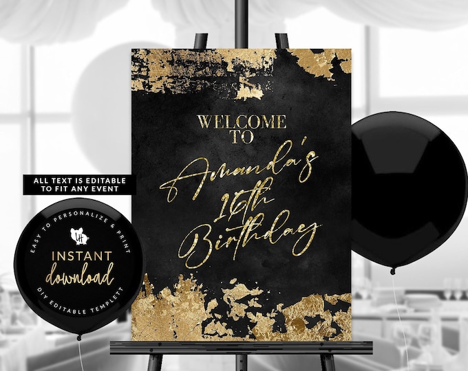Editable Black and Gold Welcome Sign, Birthday Welcome Poster, Gold ...