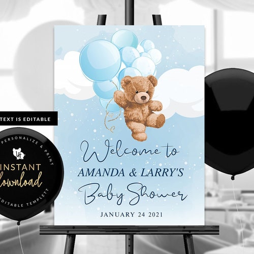 Blue Teddy Bear Baby Shower Welcome Sign Blue Balloon Baby - Etsy