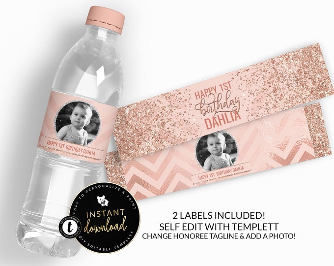 Printable Water Bottle Labels Happy Birthday Rose Gold Confetti Instant ...