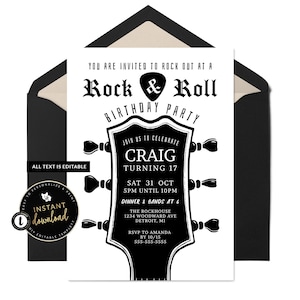 Guitar Invitation, Rock & Roll Invitation, Guitar Birthday Rock N Roll ...
