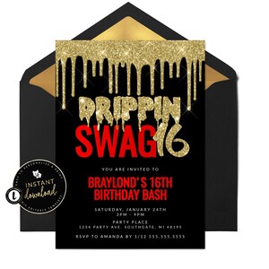 Swag 16 Birthday Invitation, Gold Bling Invitation, Swag 16 Party, Swag ...