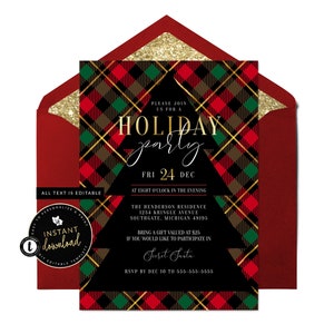 Red and Green Plaid Christmas Party Invitation, Plaid Holiday Party ...