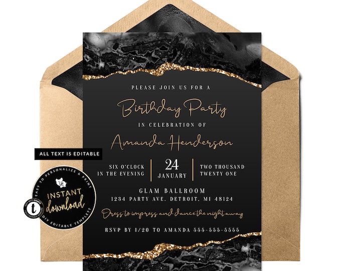 Black and Gold Invitation Black and Gold Agate Invitation | Etsy