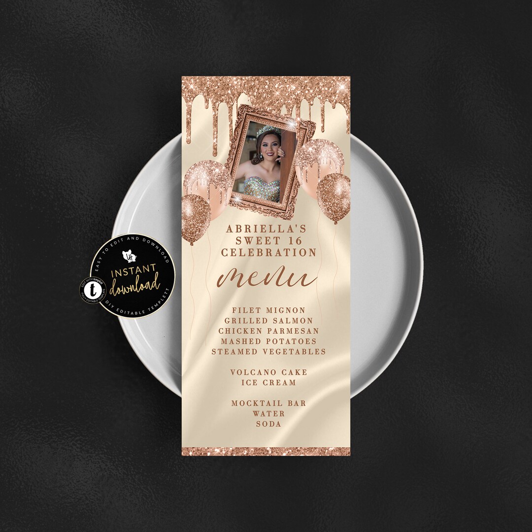 Rose Gold Menu Card With Photo, Glitter Drip Menu, Rose Gold Birthday ...