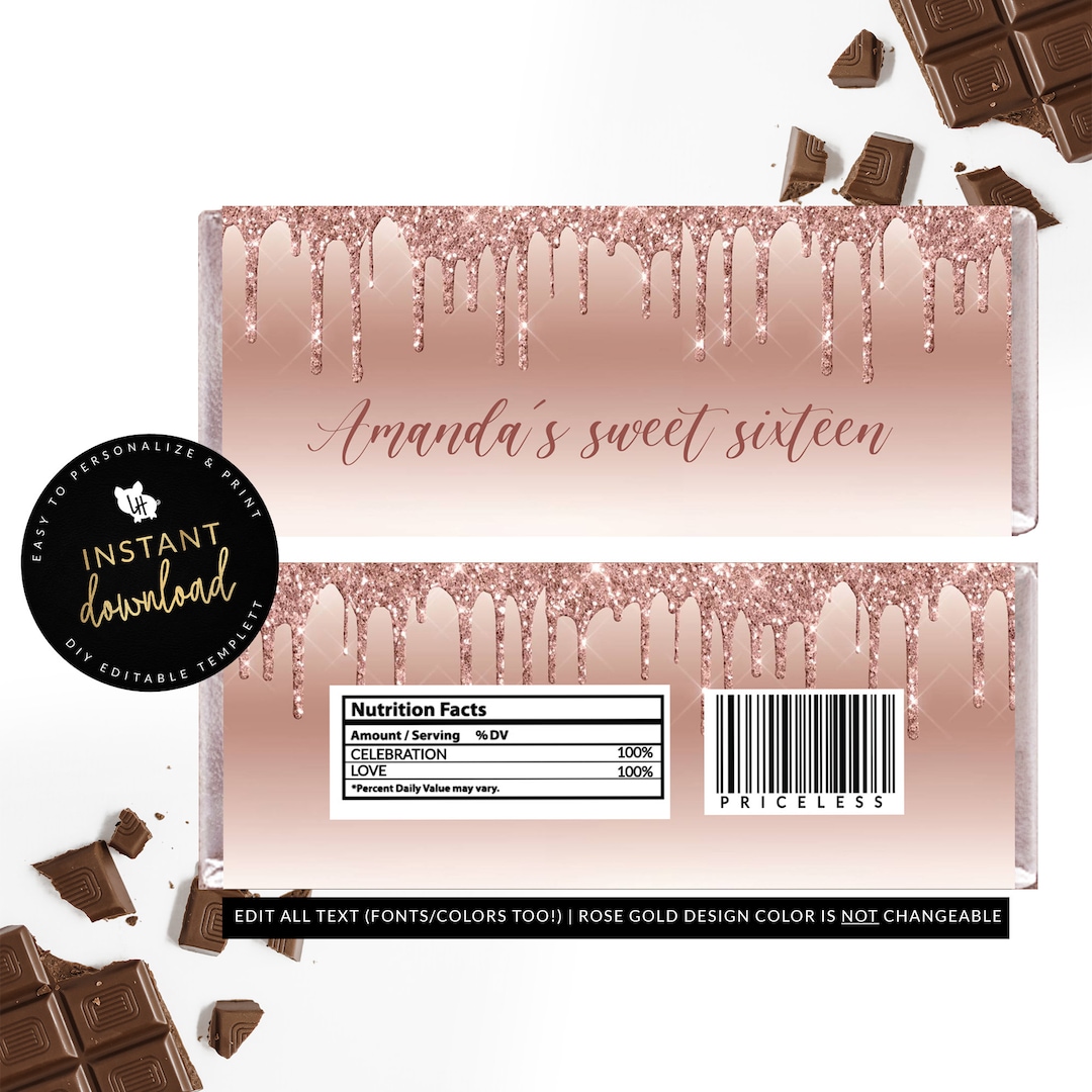 Rose Gold Drip Candy Bar Label, Rose Gold Candy Bar Label, Rose Gold ...