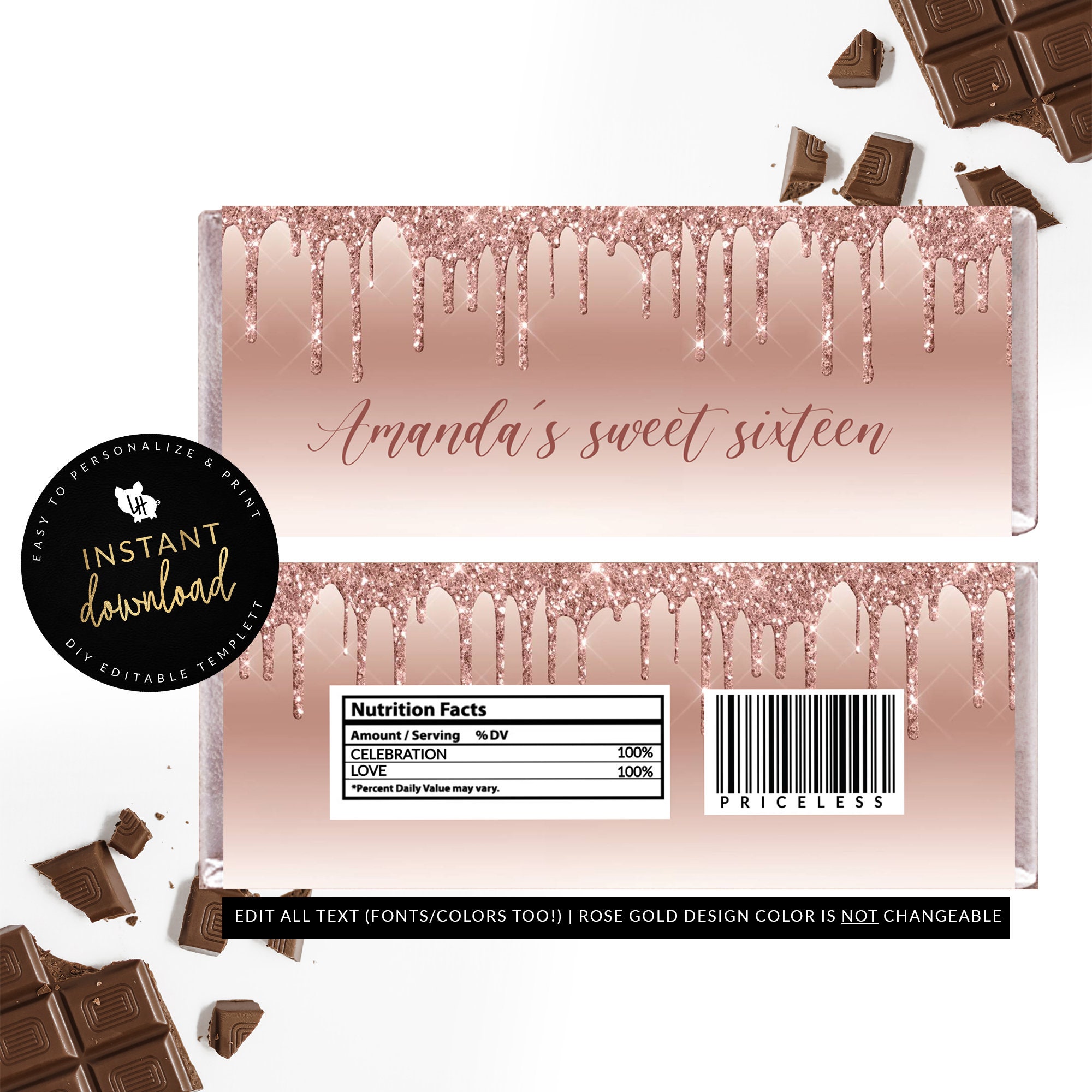 Rose Gold Drip Candy Bar Label, Rose Gold Candy Bar Label, Rose Gold ...