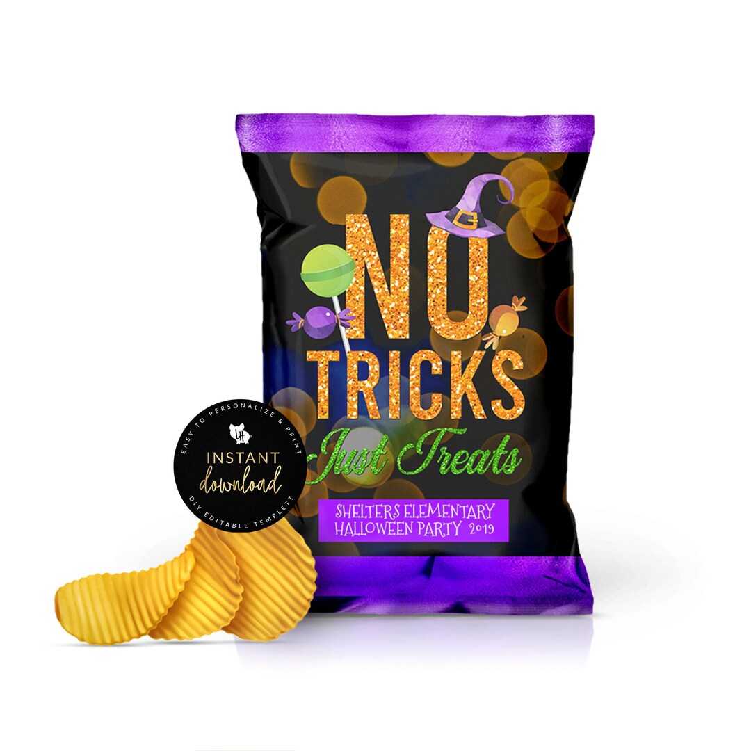 No Tricks Just Treats Printable Snack Bag, Halloween Chip Bag ...