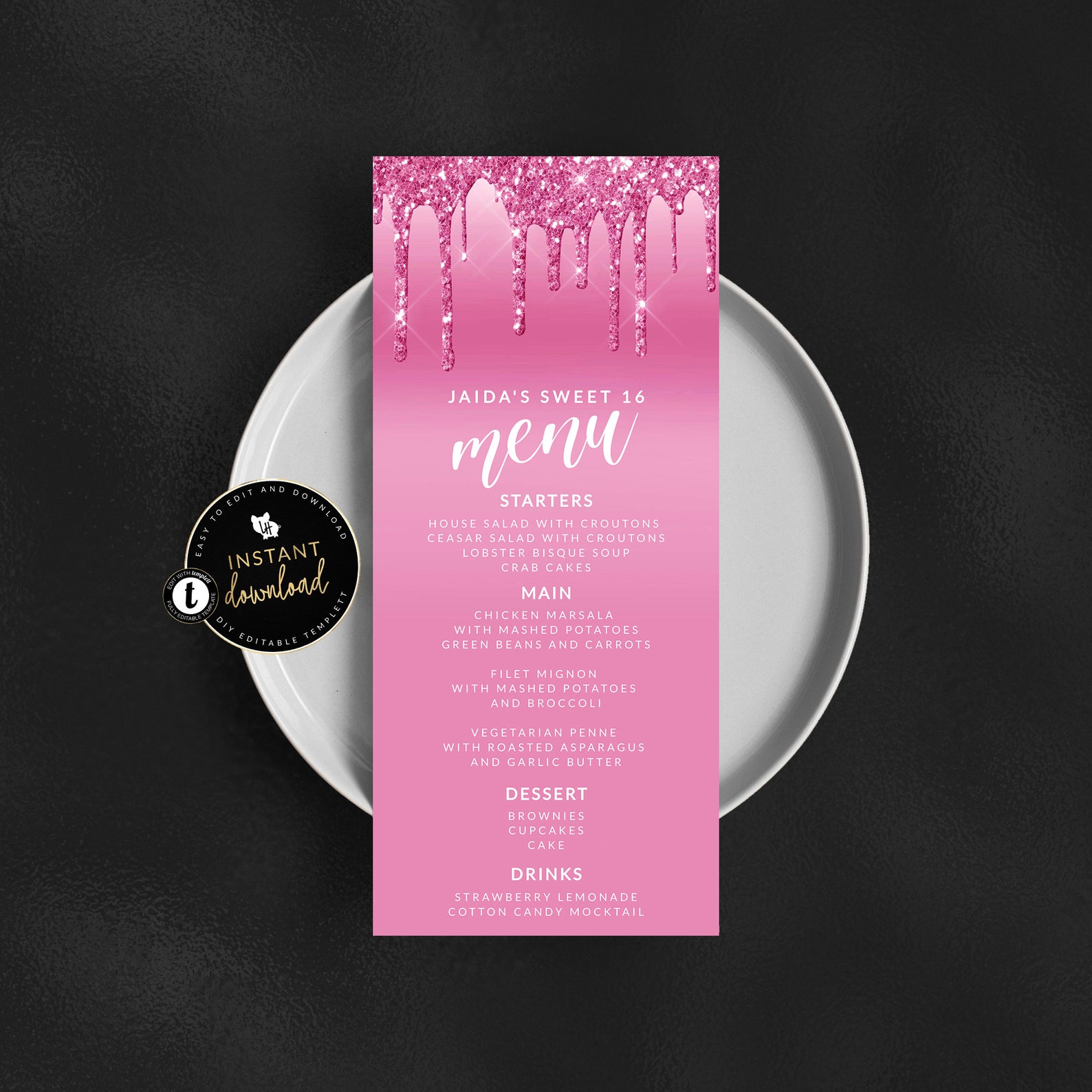 Dripping Pink Menu Card Glitter Drip Menu Pink Birthday - Etsy