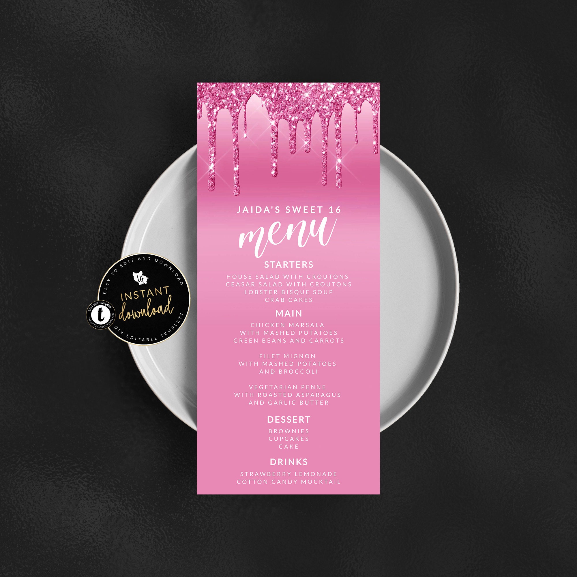 Dripping Pink Menu Card Glitter Drip Menu Pink Birthday - Etsy