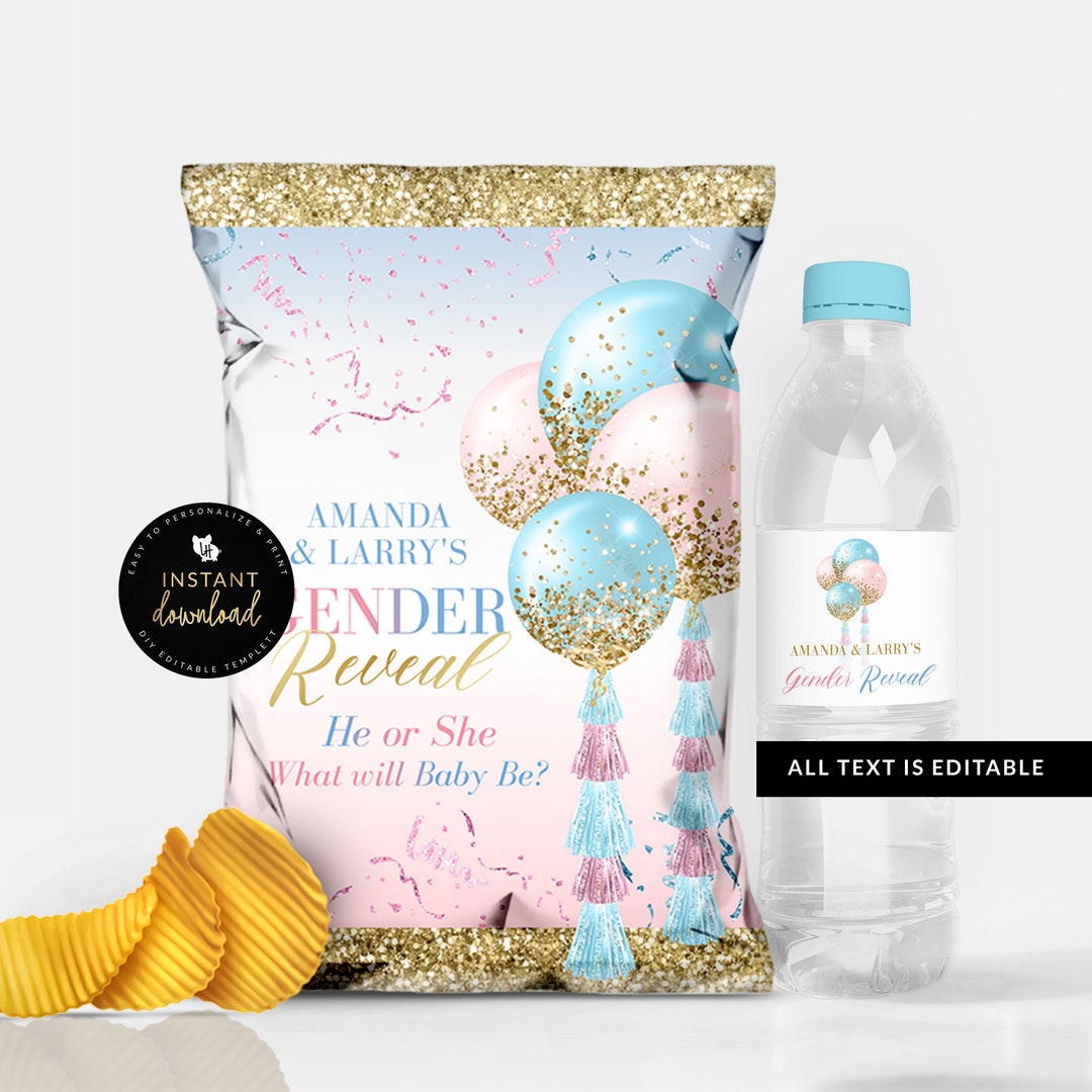 Gender Reveal Chip Bag, Gender Reveal Water Label, Blue or Pink, Gender ...