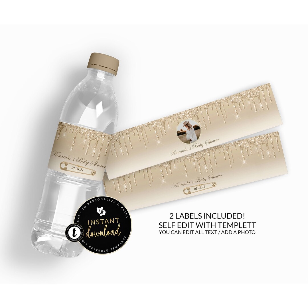 Elegant Gold Drip Baby Shower Water Label, Safety Pin Baby Shower, Gold ...