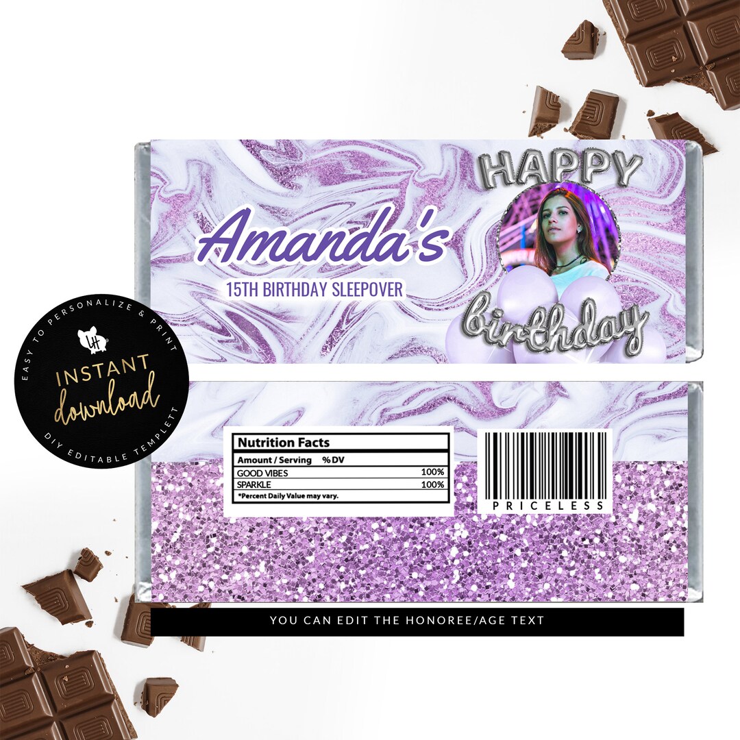 Purple & Silver Marble Birthday Candy Bar Label, Purple Birthday ...