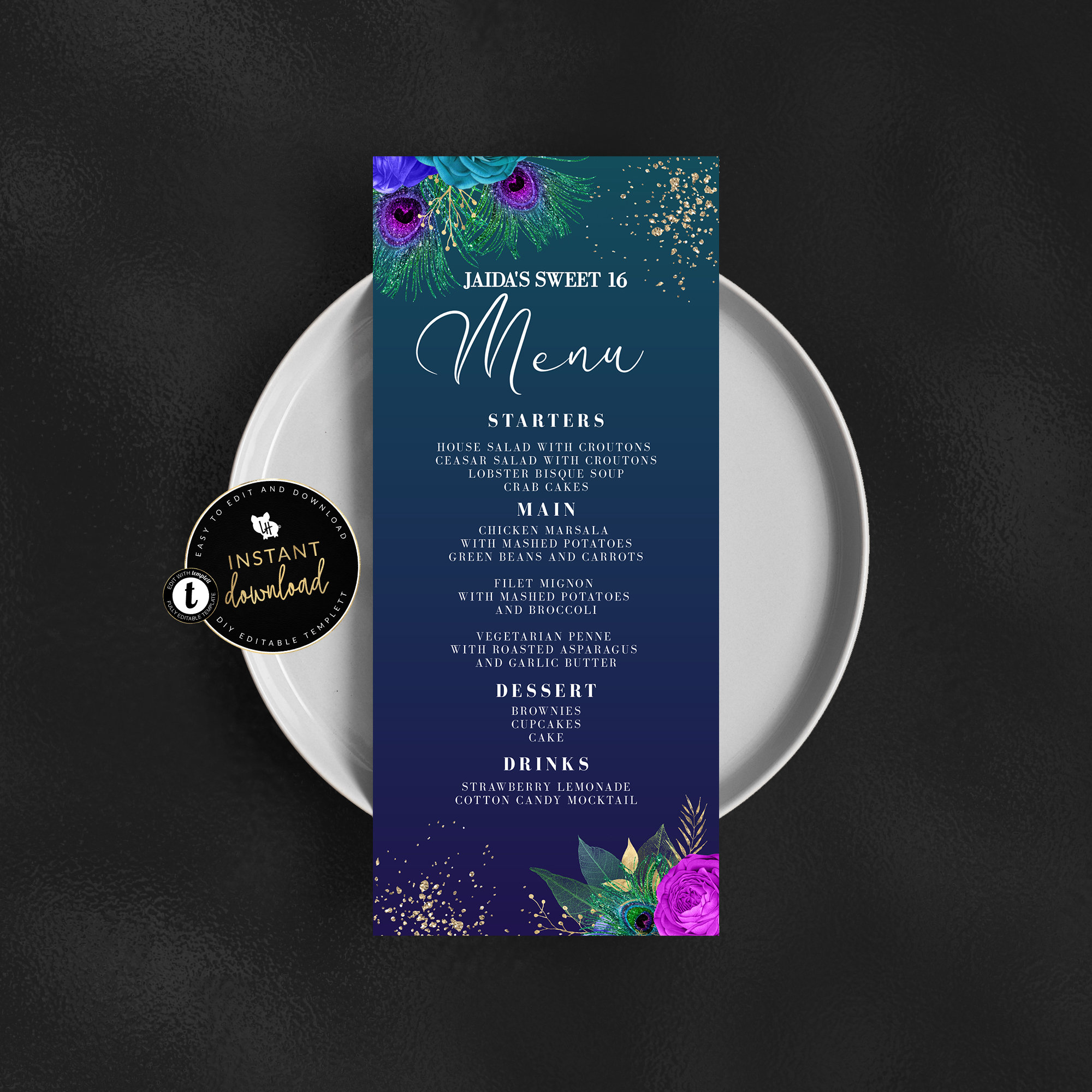 Peacock Menu Card Peacock Event Menu Floral and Feathers | Etsy