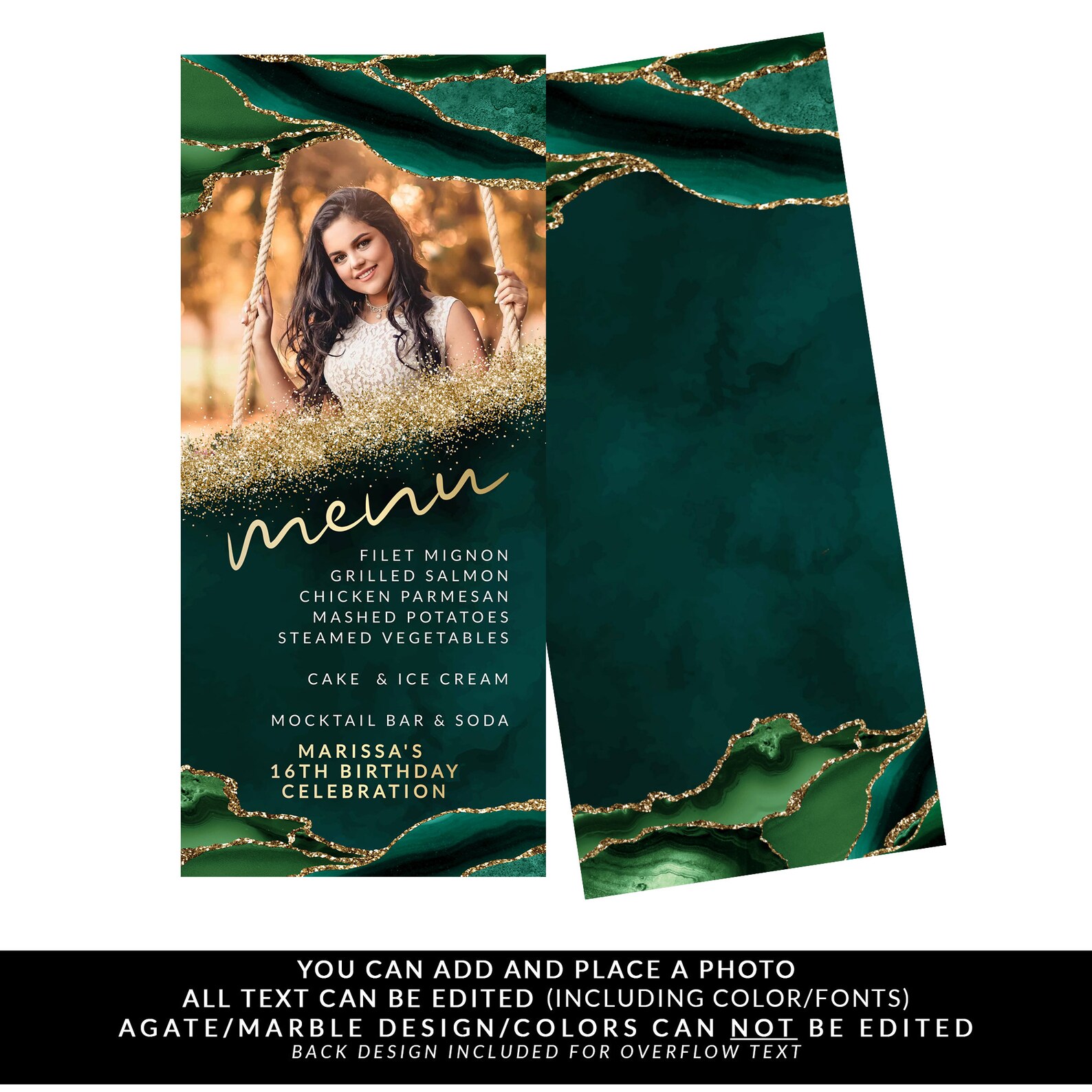 Emerald Green and Gold Photo Menu Card, Green and Gold Agate Menu ...