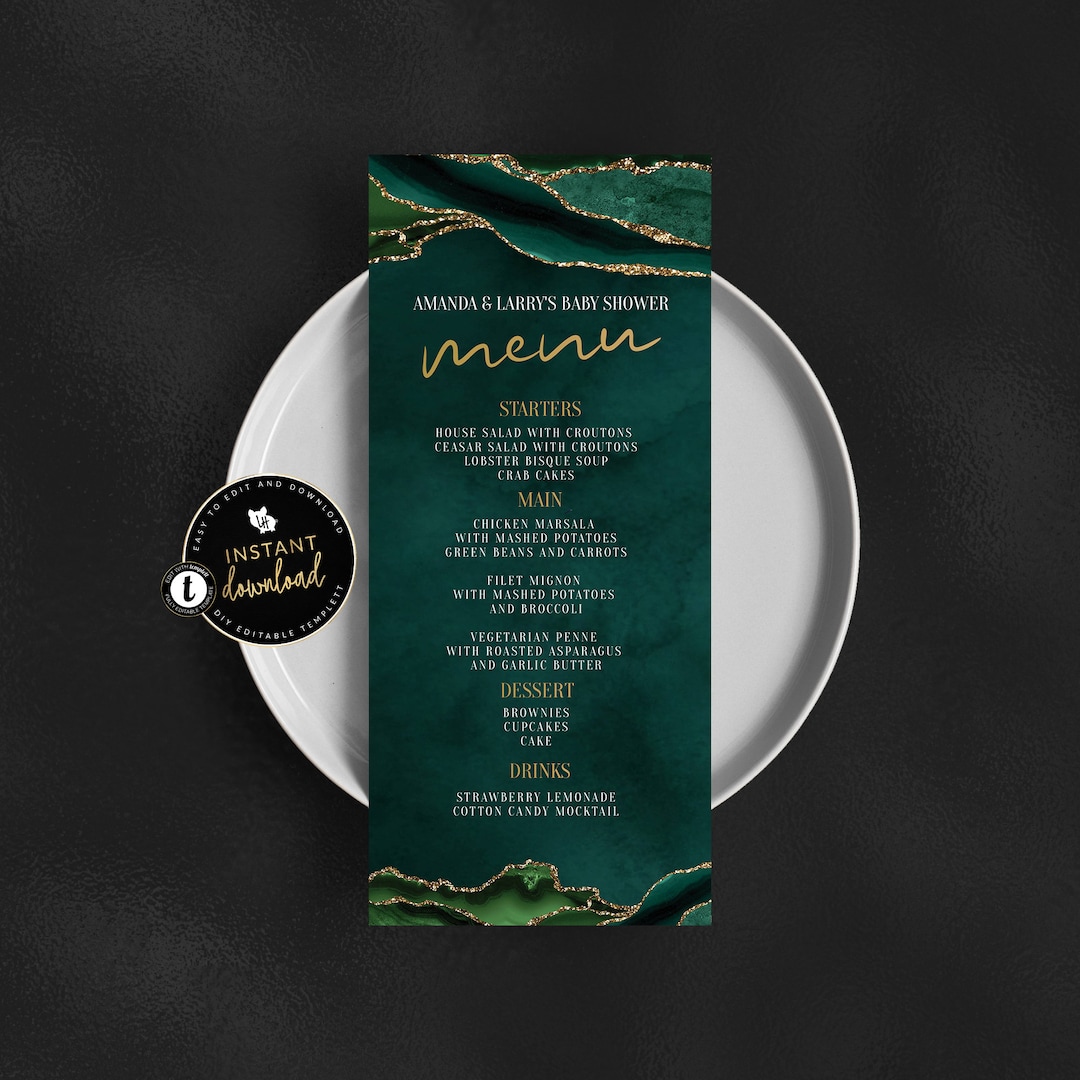 Emerald Green and Gold Menu Card, Green and Gold Agate Menu, Green ...