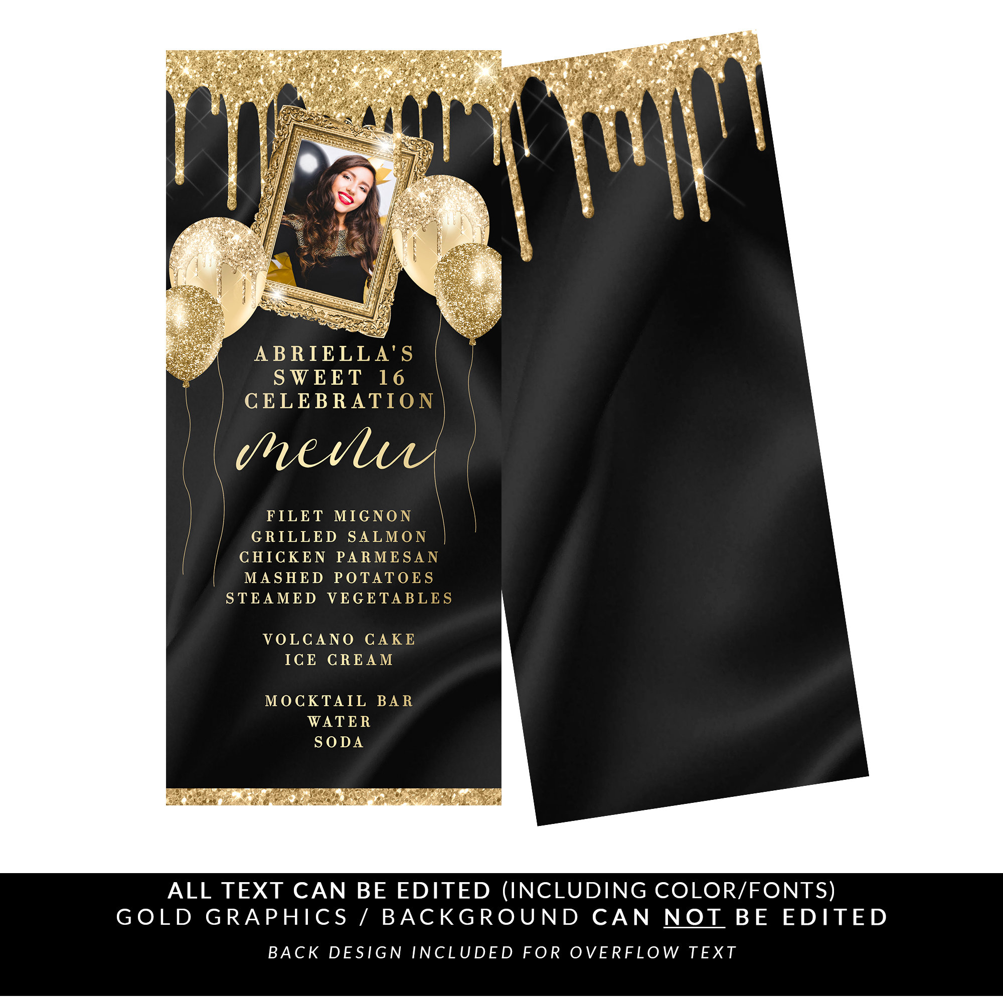 Black and Gold Menu Card With Photo, Glitter Drip Menu, Gold Birthday ...