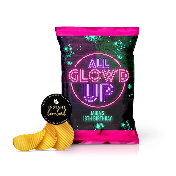 All Glow'd up Printable Snack Bag Glow Party Chip Bags - Etsy