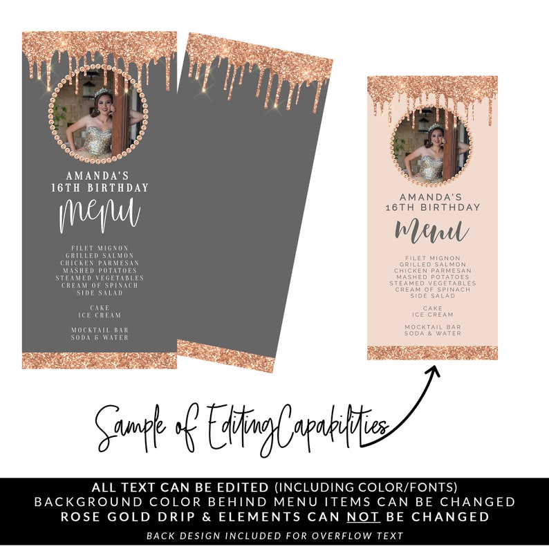 Rose Gold Drip Photo Menu Rose Gold Menu Rose Gold Birthday - Etsy