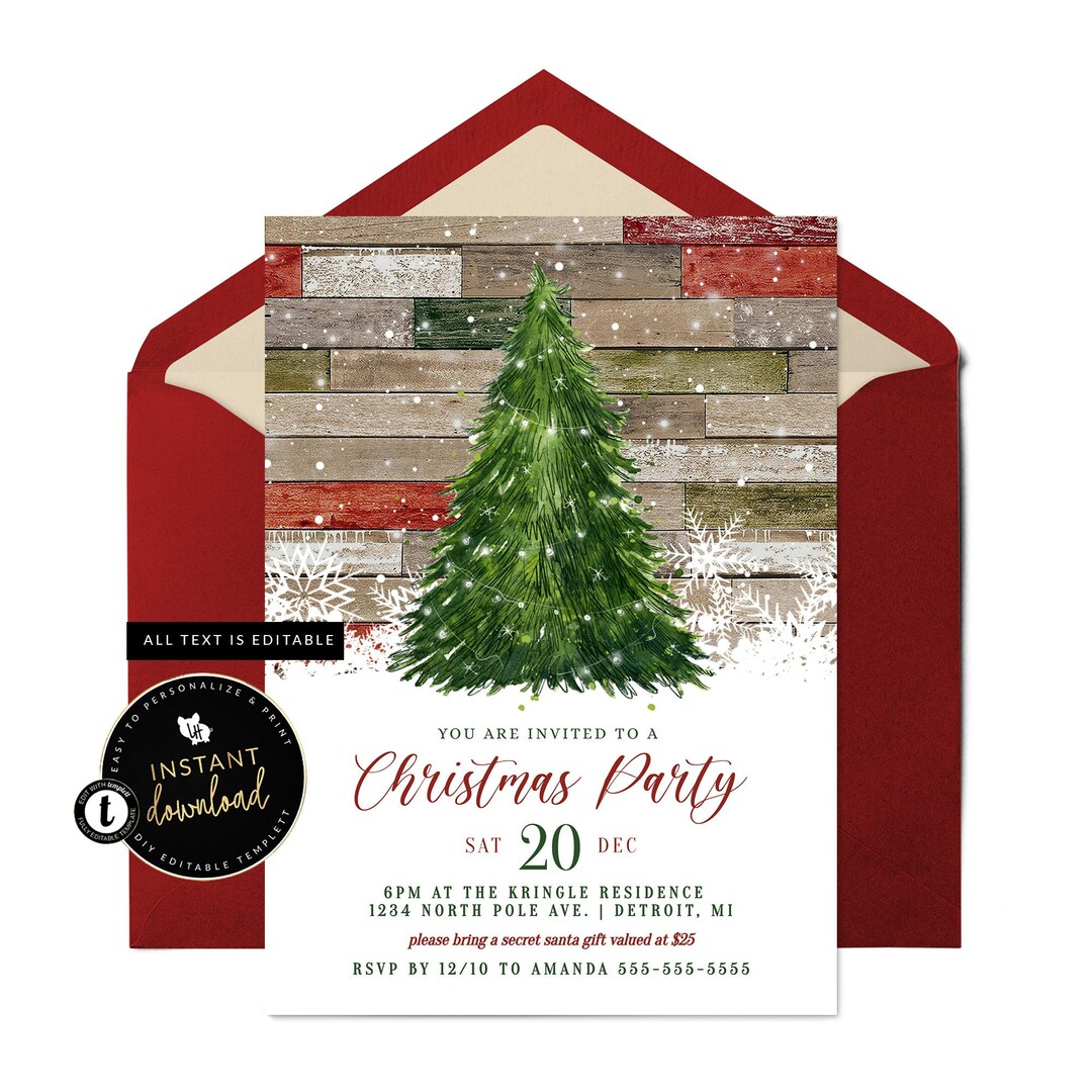 Rustic Christmas Party Invitation, Wooden Rustic Christmas Invitation ...