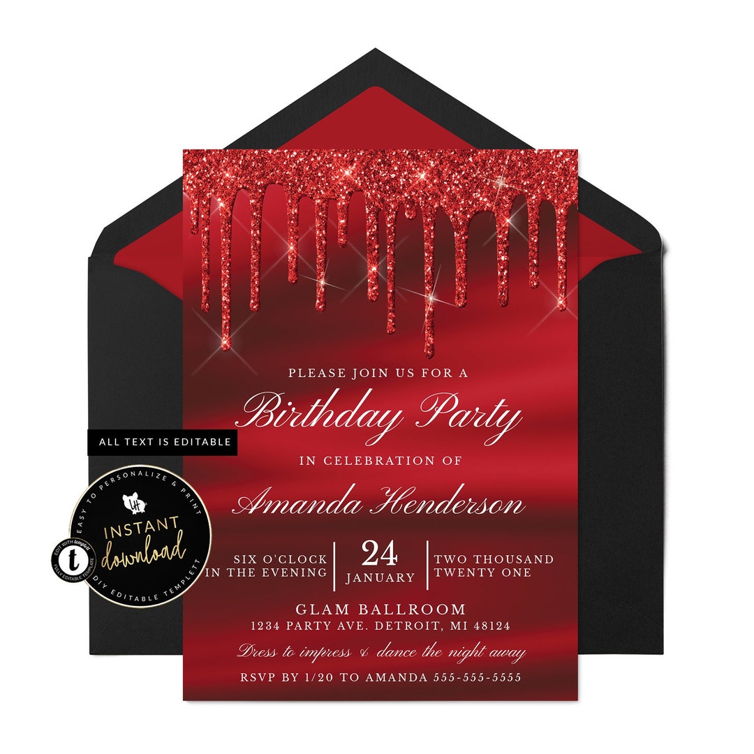 Dripping Red Invitation, Red Glitter Invitation, Glitter Drip ...