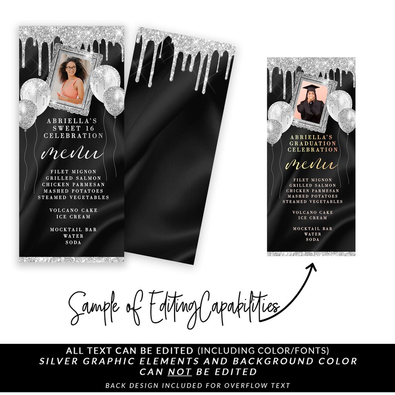 Black and Silver Menu Card With Photo, Glitter Drip Menu, Silver ...