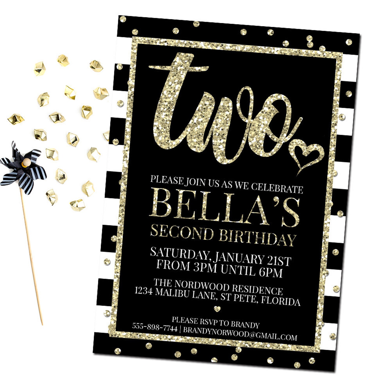 Two Birthday Invitation 2nd Birthday Invitation Girl Black | Etsy