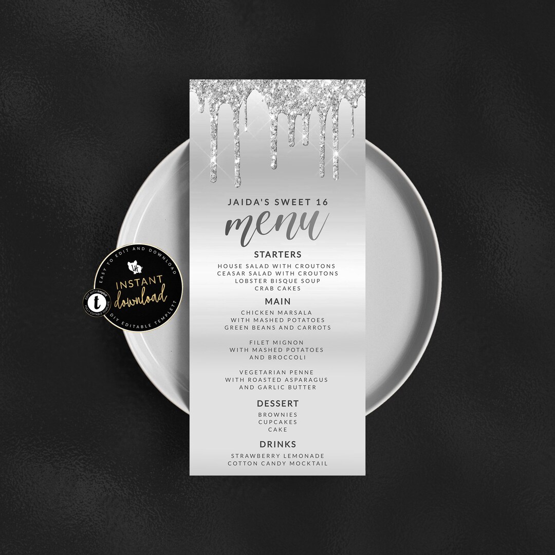 Dripping Silver Menu Card, Glitter Drip Menu, Silver Birthday, 4x9 Menu ...