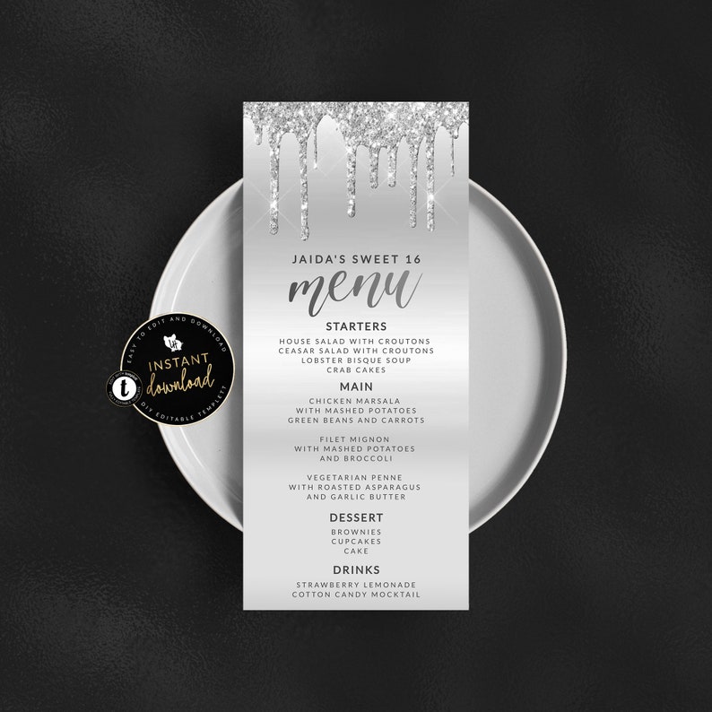 Dripping Silver Menu Card Glitter Drip Menu Silver Birthday - Etsy