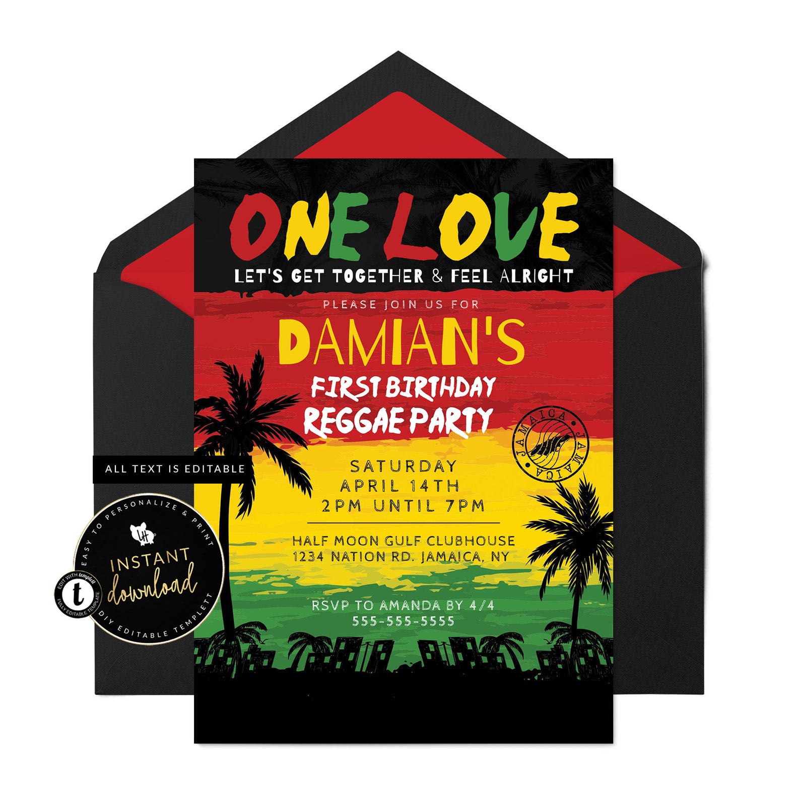 One Love Birthday Invitation, Reggae Invitation, Jamaican Theme ...