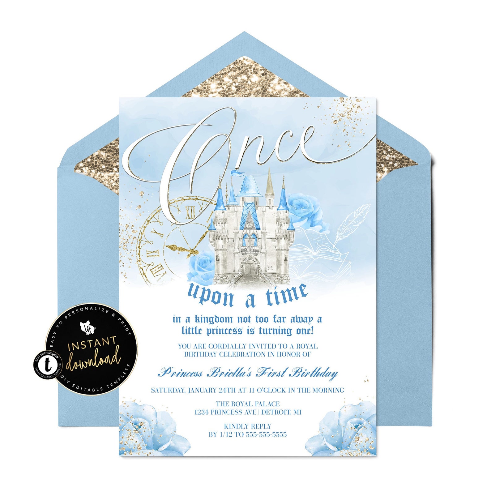 Blue Princess Invitation, Princess Birthday, Princess Party, Once Upon ...