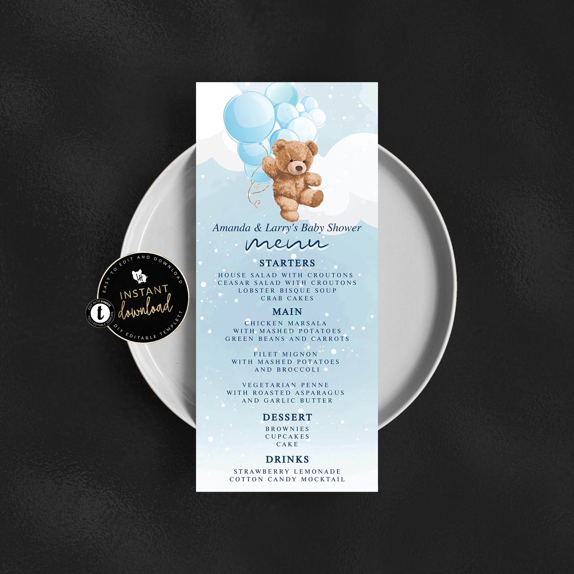 Teddy Bear Baby Shower Menu Card Blue Teddy Bear Menu We Can - Etsy