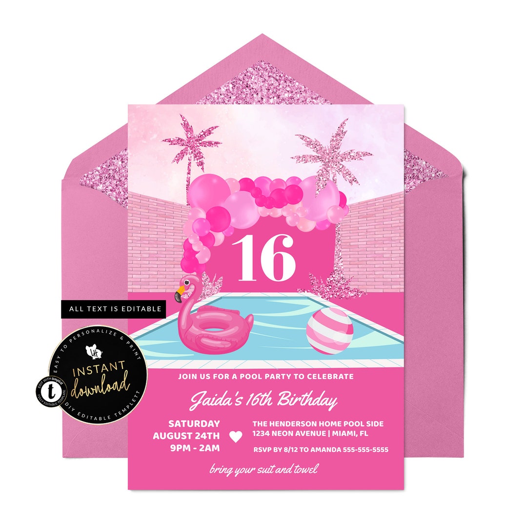Pink Pool Party Invitation, Pool Party Invite, Luau Invitation, Summer ...